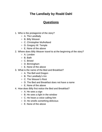 The Landlady. Reading Comprehension Questions, Multiple-choice ...