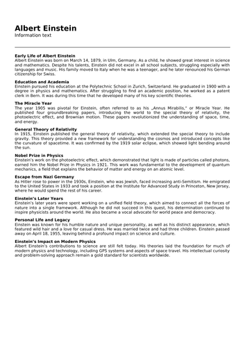 Albert Einstein (Infotext and Exercises) | Teaching Resources
