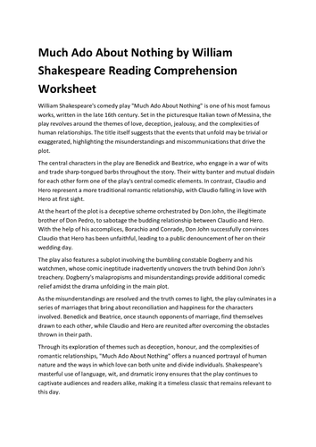 Much Ado About Nothing by William Shakespeare Reading Comprehension ...