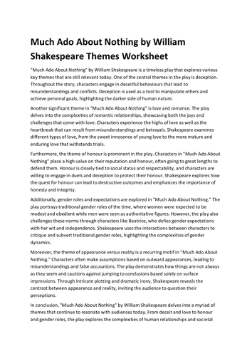 Much Ado About Nothing by William Shakespeare Themes Worksheet ...