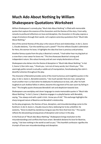 Much Ado About Nothing by William Shakespeare Quotations Worksheet ...