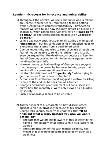 Lennie Essay Plan for GCSE (Of Mice and Men) | Teaching Resources