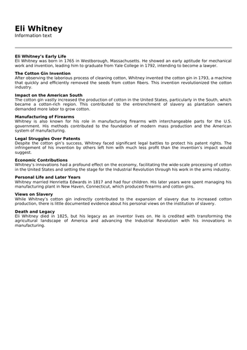 Eli Whitney (Infotext and Exercises) | Teaching Resources
