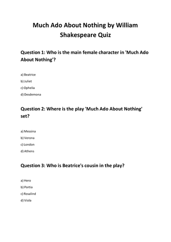 Much Ado About Nothing by William Shakespeare Quiz | Teaching Resources