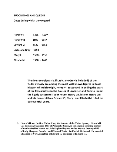 Year 8 HISTORY: TUDOR KINGS AND QUEENS TIMELINE; THE GOLDEN AGE ...