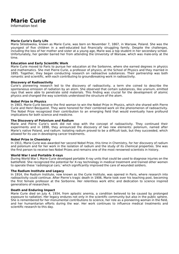 Marie Curie (Infotext and Exercises) | Teaching Resources