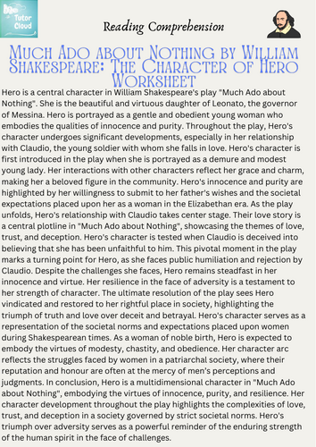 Much Ado About Nothing by William Shakespeare Character Worksheets ...