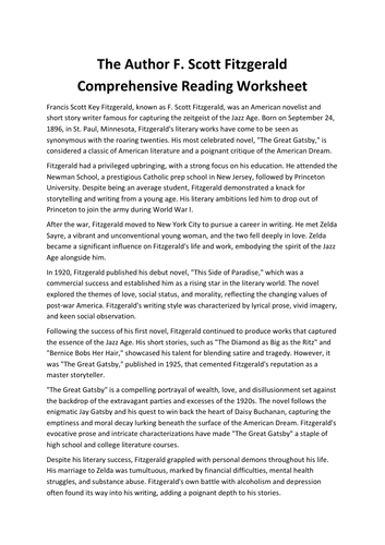 The Author F. Scott Fitzgerald Comprehensive Reading Worksheet ...
