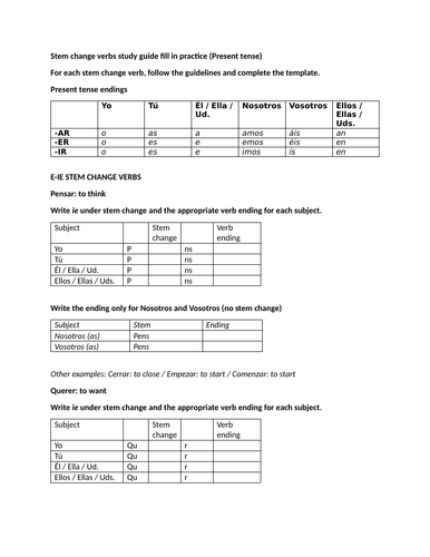 Stem change verbs study guide fill in practice (Present tense ...
