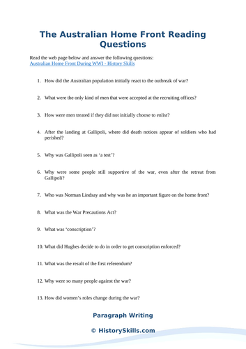 WWI Australian Home Front Reading Questions Worksheet | Teaching Resources