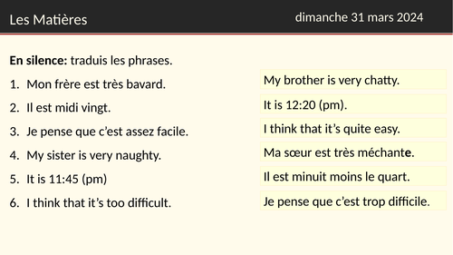 KS3 French School Subjects Les Matieres Lesson 5 | Teaching Resources
