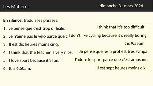 KS3 French School Subjects Les Matieres Lesson 6 | Teaching Resources
