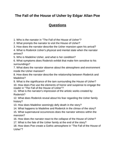 The Fall of the House of Usher. Reading Comprehension Questions ...
