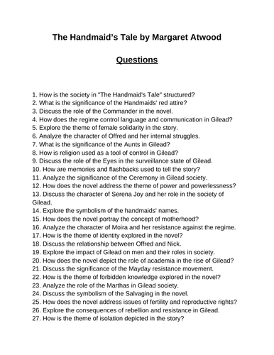 The Handmaid’s Tale. Reading Comprehension Questions, Multiple-choice ...