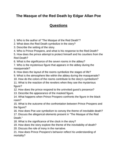 The Masque of the Red Death. Reading Comprehension Questions, Multiple ...