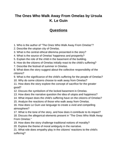 The Ones Who Walk Away From Omelas. Reading Comprehension Questions ...