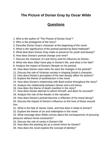 The Picture of Dorian Gray. Reading Comprehension Questions, Multiple ...