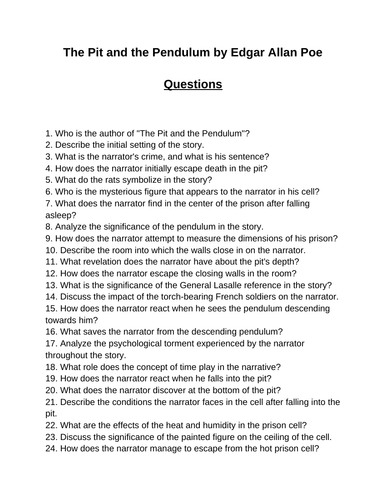 The Pit and the Pendulum. Reading Comprehension Questions, Multiple ...