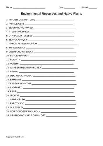 Environmental Resources and Native Plants Word Scramble | Teaching ...