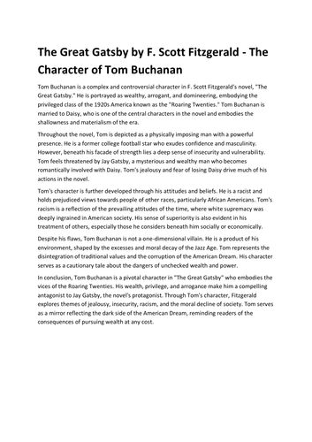 The Great Gatsby by F. Scott Fitzgerald - The Character of Tom Buchanan ...