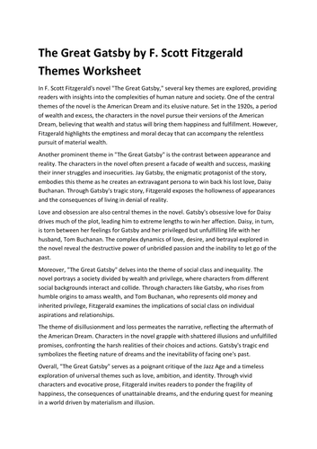 The Great Gatsby by F. Scott Fitzgerald Themes Worksheet | Teaching ...