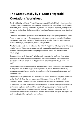 The Great Gatsby by F. Scott Fitzgerald Quotations Worksheet | Teaching ...