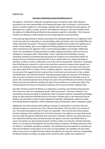 GRADE 9 GCSE ESSAY AN INSPECTOR CALLS | Teaching Resources