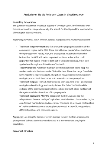 A Level German Goodbye Lenin Model Essay Plan, Essay and Commentary ...