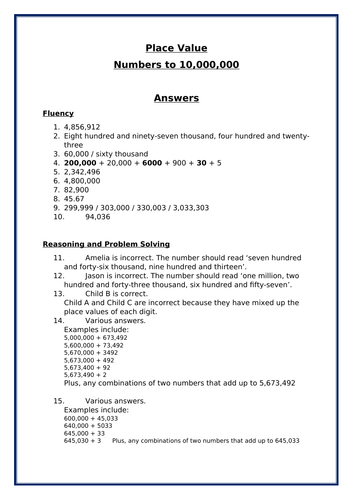 Numbers to 10,000,000 Questions Worksheet | Teaching Resources