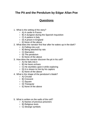 The Pit and the Pendulum. 30 multiple-choice questions (Editable ...