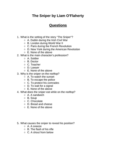 The Sniper. Reading Comprehension Questions, Multiple-choice questions ...