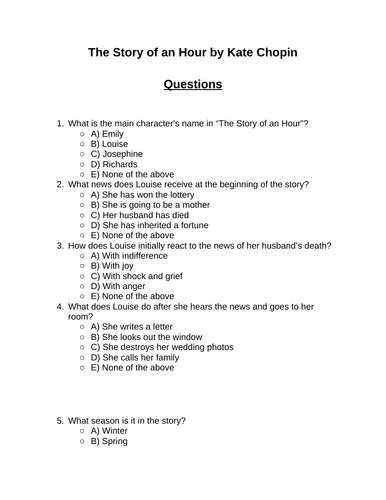 The Story of an Hour. Reading Comprehension Questions, Multiple-choice ...