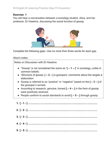 IB English B Listening (Gap Fill Question) | Teaching Resources
