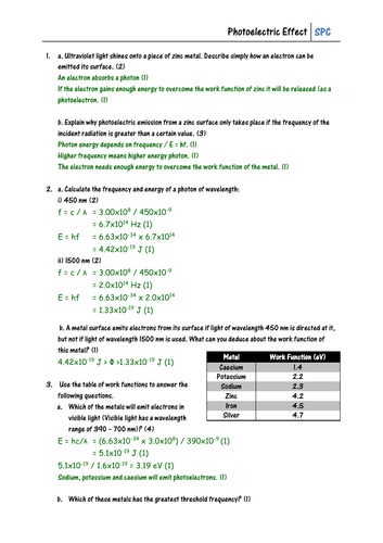 Photoelectric Effect & Calculations Worksheet | Teaching Resources