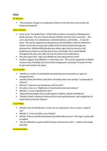 Critics for A level English Literature 'Othello' | Teaching Resources