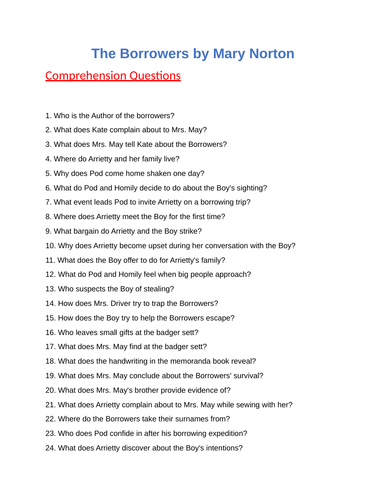 The Borrowers : Reading comprehension Questions - Test / Quiz ...