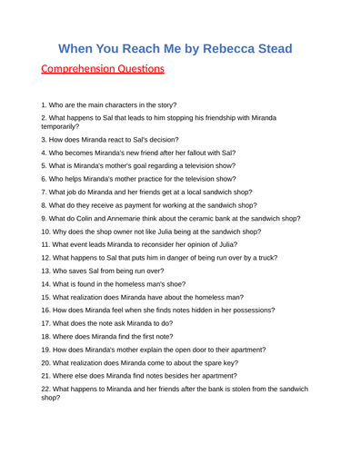 When You Reach Me : Reading comprehension Questions - Test / Quiz ...
