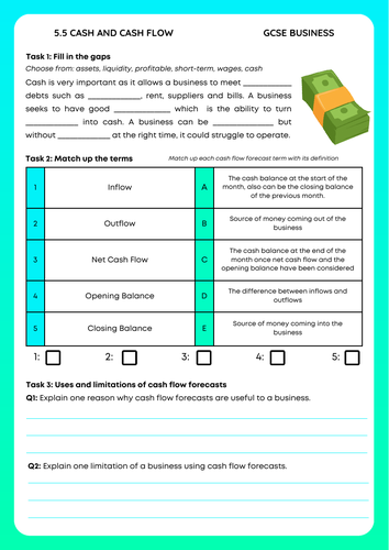 GCSE Business Cash and Cash Flow Worksheet | Teaching Resources