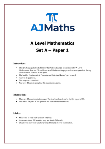 A Level Maths - Predicted Paper 1 - Set A | Teaching Resources