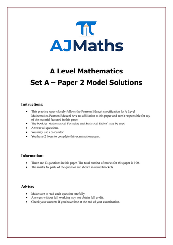 A Level Maths - Predicted Paper 2 - Set A | Teaching Resources