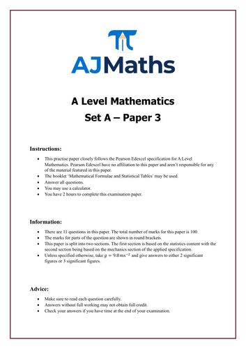 A Level Maths - Predicted Paper 3 - Set A | Teaching Resources