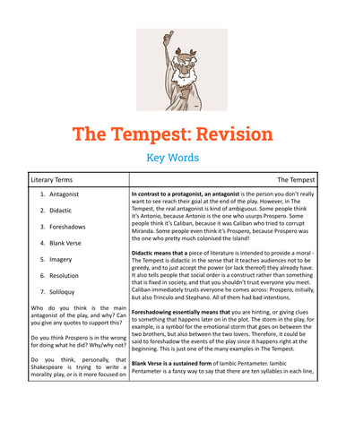 The Tempest Literary Devices Revision | Teaching Resources