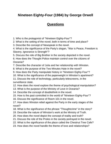 Nineteen Eighty-Four (1984). Reading Comprehension Questions, Multiple ...