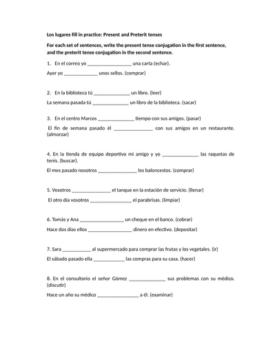 Los lugares fill in practice: Present and Preterit tenses | Teaching ...