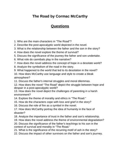 The Road by Cormac McCarthy. 40 Reading Comprehension Questions ...