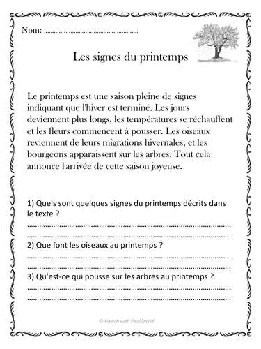 Compréhension de lecture - PRINTEMPS (10 textes) / French Reading ...