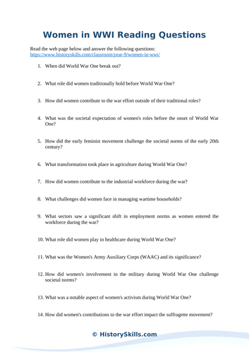 Women in WWI Reading Questions Worksheet | Teaching Resources