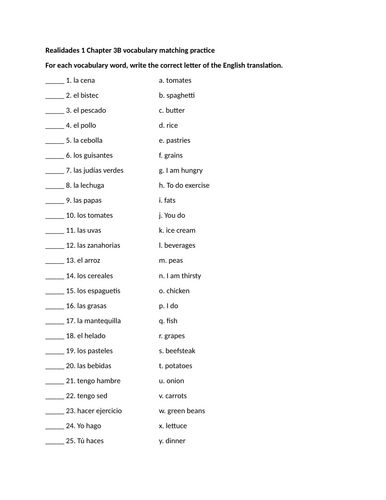 Realidades 1 Chapter 3B vocabulary matching practice | Teaching Resources