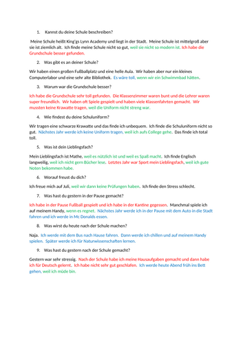German GCSE speaking question and answers for units 1-8 on Stimmt ...