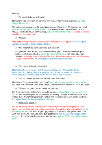 German GCSE speaking question and answers for units 1-8 on Stimmt ...